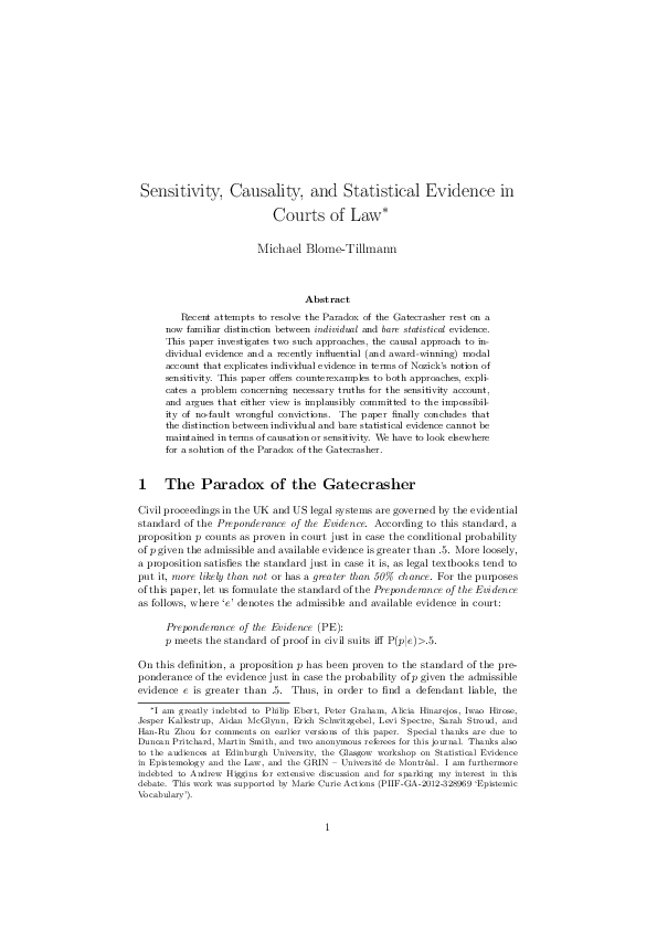 (PDF) Sensitivity, Causality, and Statistical Evidence in Courts of Law