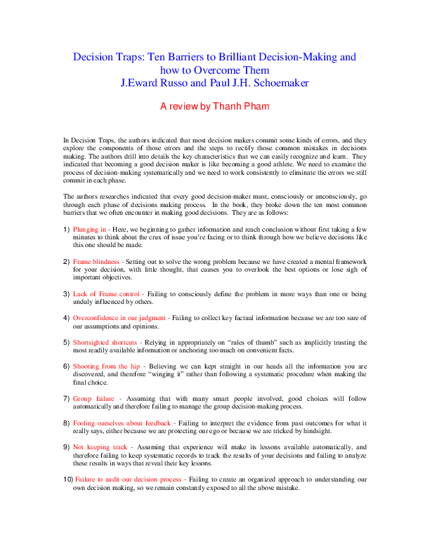 (PDF) Decision Traps: Ten Barriers to Brilliant Decision-Making and how ...