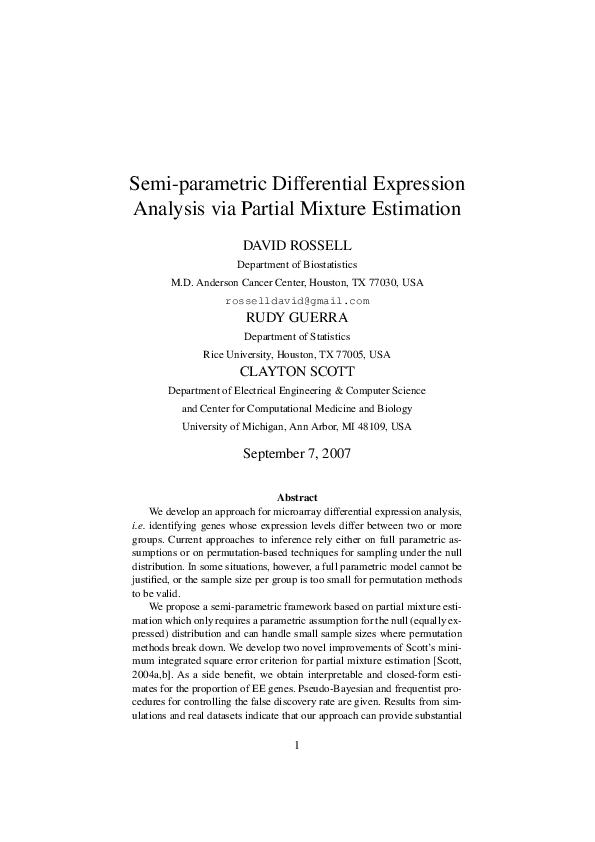 Pdf Semiparametric Differential Expression Analysis Via Partial Mixture Estimation David
