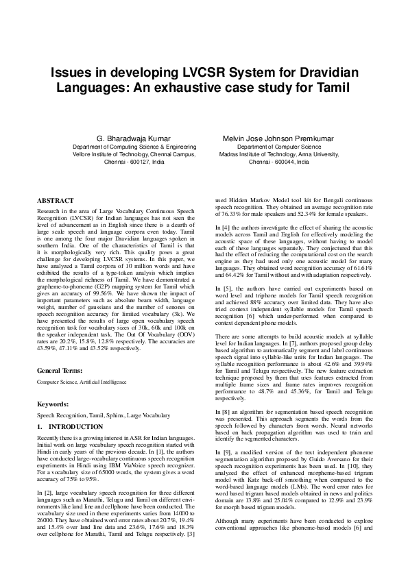 Issues in developing LVCSR System for Dravidian Languages: An ...