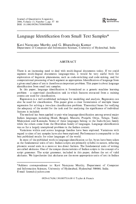 Language identification from small text samples