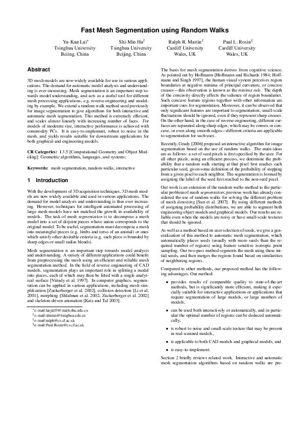 (PDF) Fast mesh segmentation using random walks