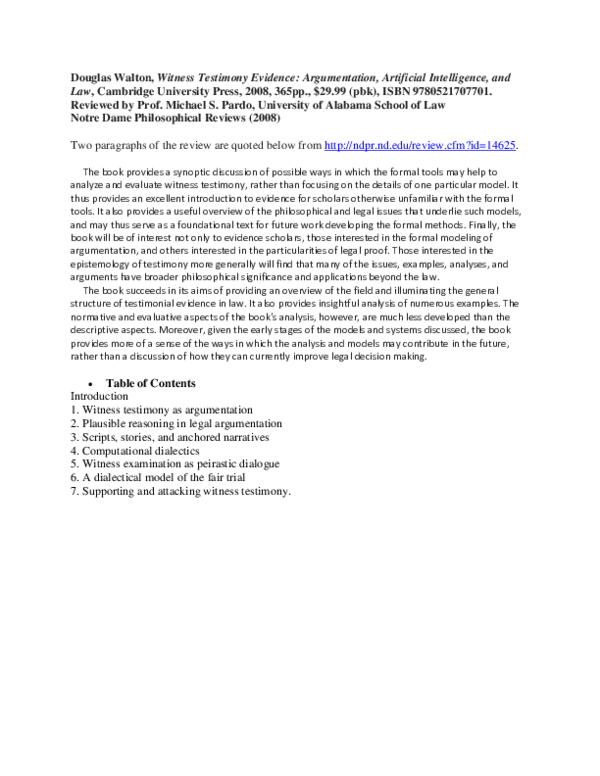 (PDF) Witness Testimony Evidence: Argumentation, Artificial ...