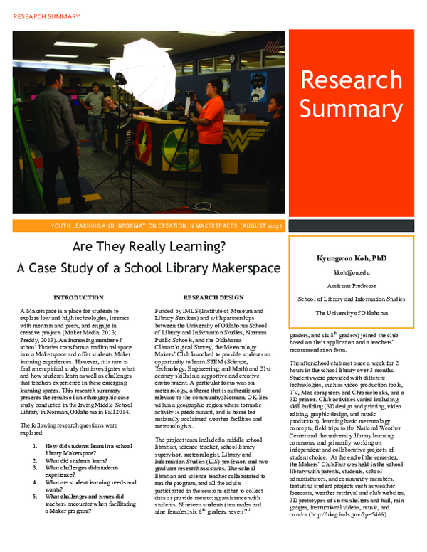 (PDF) Research Summary: Are They Really Learning? A Case Study of a School Library Makerspace