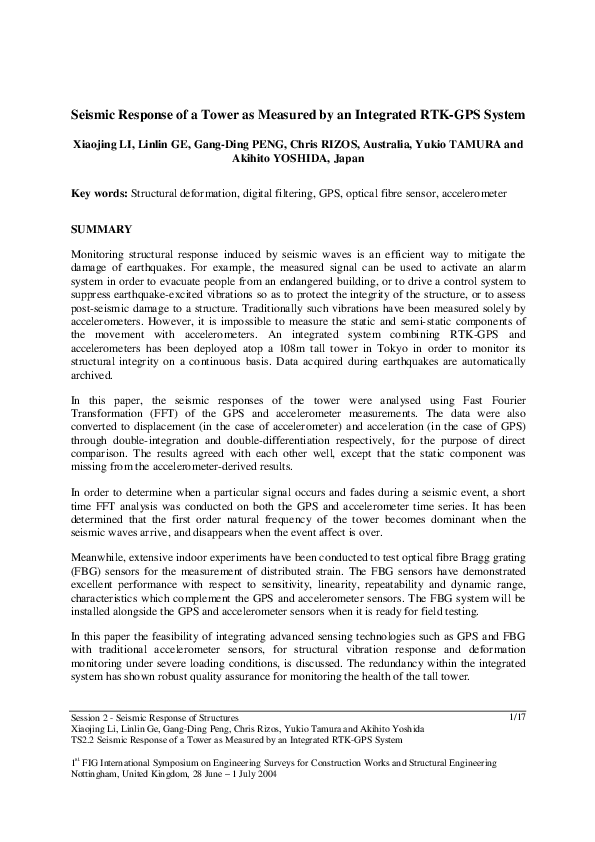 (PDF) Seismic Response of a Tower as Measured by an Integrated RTK-GPS ...
