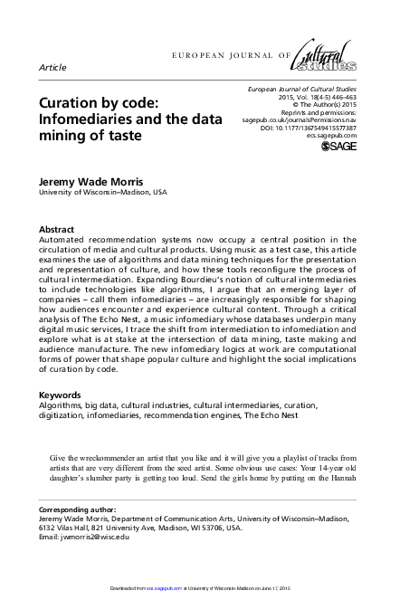 (PDF) Curation by code: Infomediaries and the data mining of taste