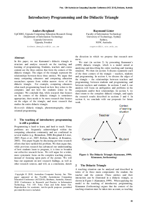 (PDF) Introductory programming and the didactic triangle