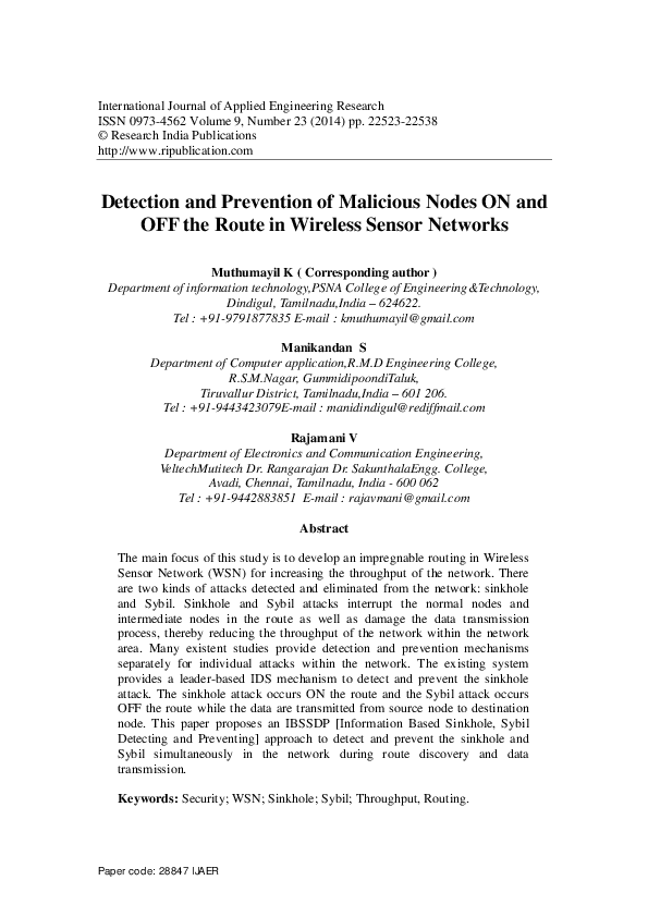 Pdf Detection And Prevention Of Malicious Nodes On And Off The Route In Wireless Sensor Networks