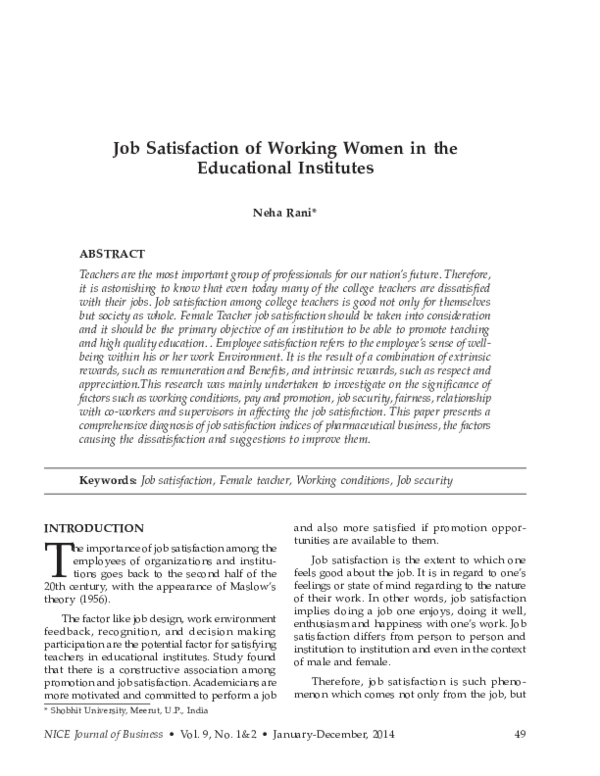 (PDF) Job Satisfaction of female faculty