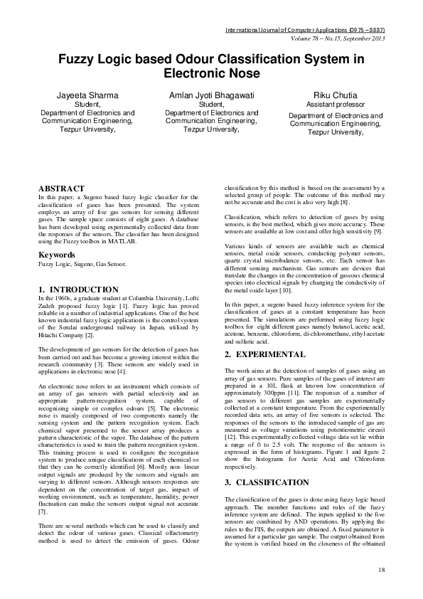(PDF) Fuzzy Logic based Odour Classification System in Electronic Nose