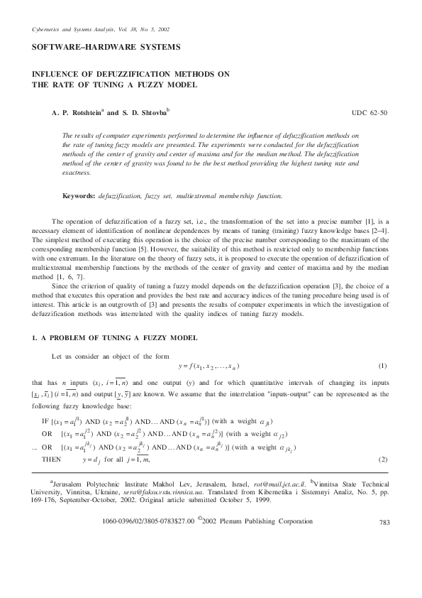 (PDF) INFLUENCE OF DEFUZZIFICATION METHODS ON THE RATE OF TUNING A FUZZY MODEL