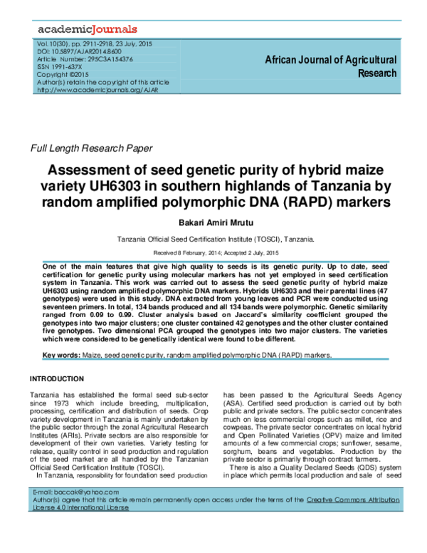 (PDF) Assessment of seed genetic purity of hybrid maize variety UH6303 ...