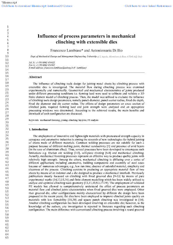 (PDF) Influence of process parameters in mechanical clinching with extensible dies