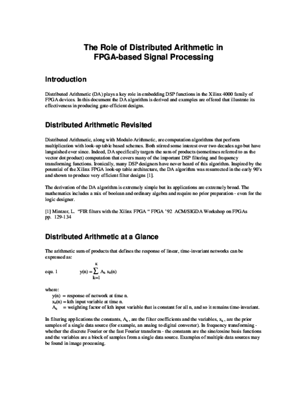 Pdf The Role Of Distributed Arithmetic In Fpga Based Signal Processing