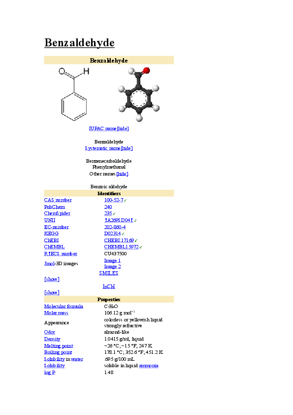 (DOC) Benzaldehyde Benzaldehyde IUPAC name[hide] Benzaldehyde ...