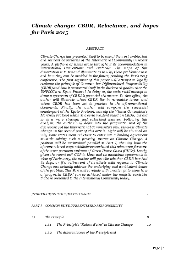 (PDF) Climate change: CBDR, Reluctance, and hopes for Paris 2015