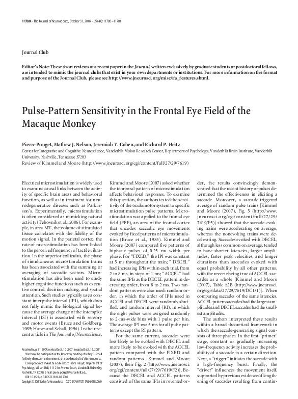 Pdf Pulse Pattern Sensitivity In The Frontal Eye Field Of The Macaque