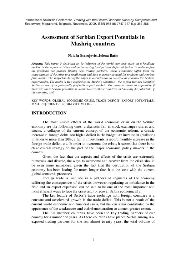 (PDF) Assessment of Serbian Export Potentials in Mashriq countries