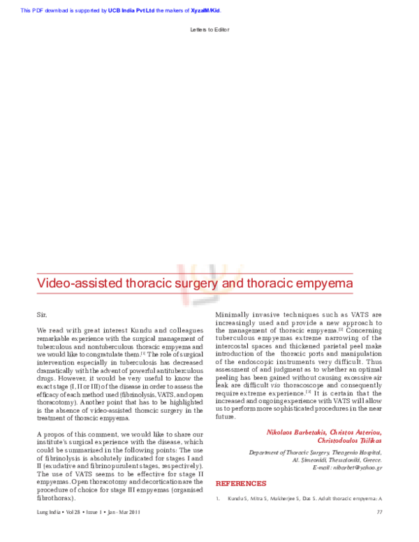 (PDF) Video-assisted thoracic surgery and thoracic empyema.