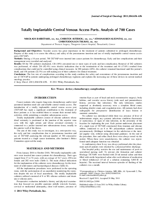 (PDF) Totally implantable central venous access ports. Analysis of 700 ...