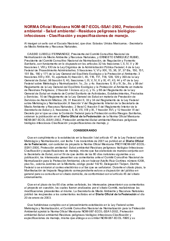 (DOC) NORMA Oficial Mexicana NOM-087-ECOL-SSA1-2002, Protección ambiental -Salud ambiental ...