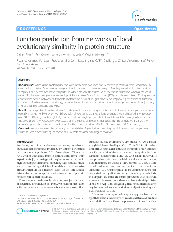 Pdf Function Prediction From Networks Of Local Evolutionary