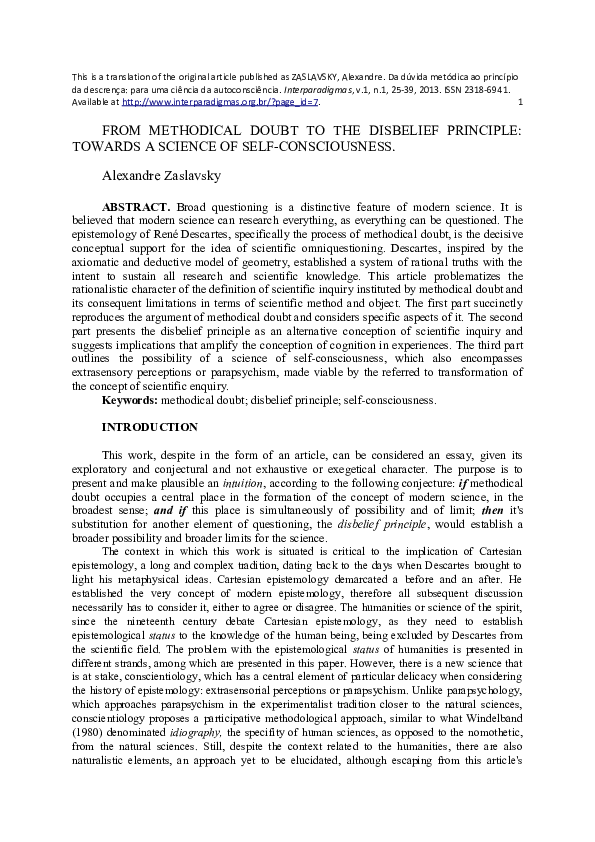 (PDF) From methodical doubt to the disbelief principle: towards a ...
