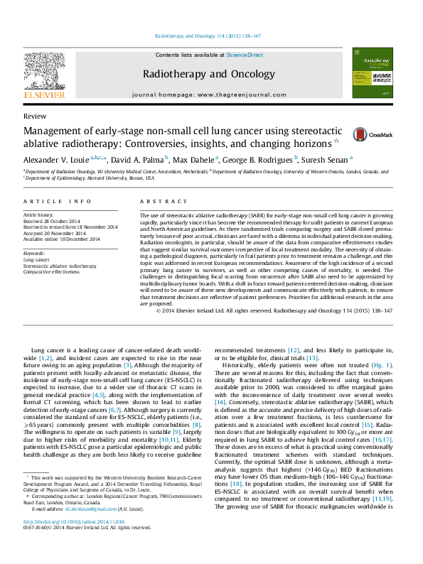 (PDF) Management of early-stage non-small cell lung cancer using stereotactic ablative ...