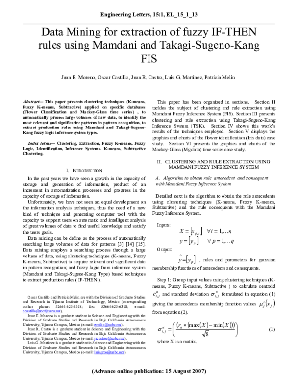 (PDF) Data Mining for extraction of fuzzy IF-THEN rules using Mamdani and Takagi-Sugeno-Kang FIS