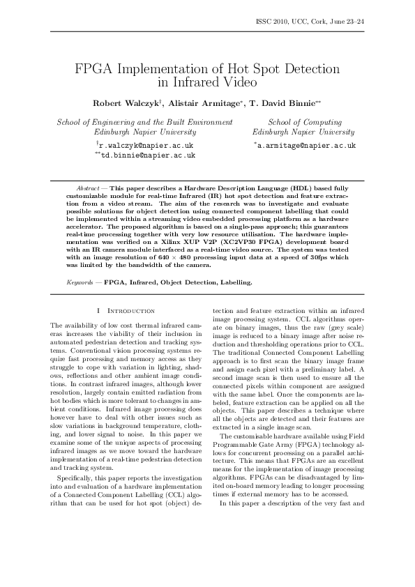 (PDF) FPGA implementation of hot spot detection in Infrared video