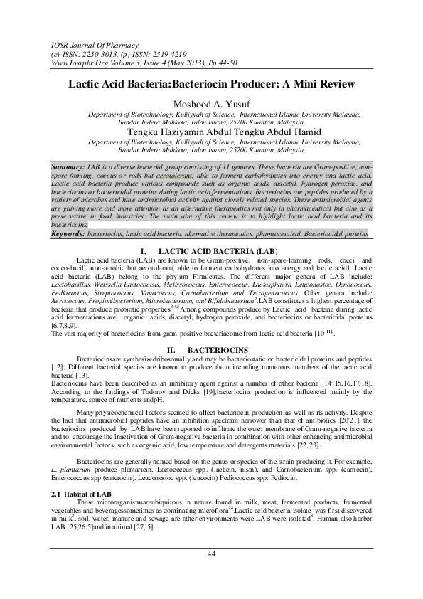 Pdf Lactic Acid Bacteria Bacteriocin Producer A Mini Review
