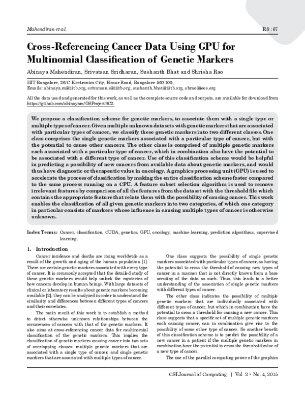 (PDF) Cross-Referencing Cancer Data Using GPU for Multinomial Classification of Genetic Markers