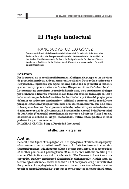 EL PLAGIO INTELECTUAL. FRANCISCO ASTUDILLO GÓMEZ