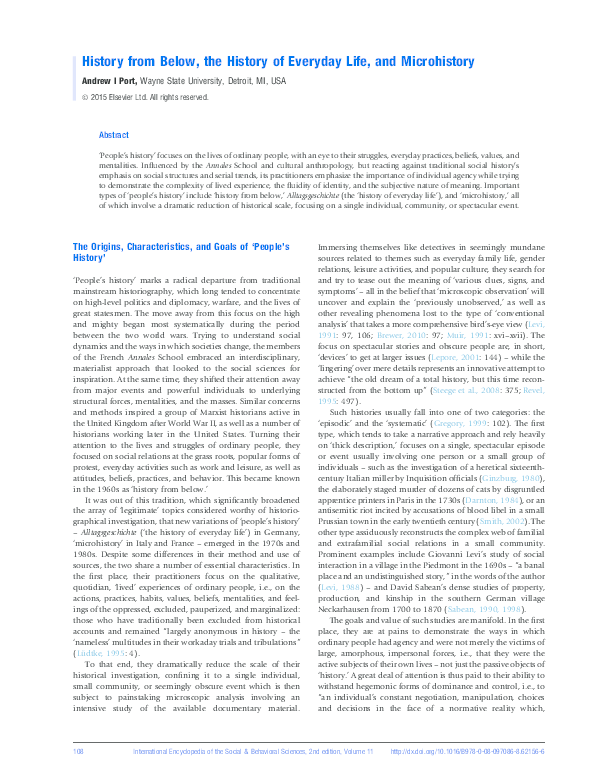 (PDF) History from Below, the History of Everyday Life, and Microhistory
