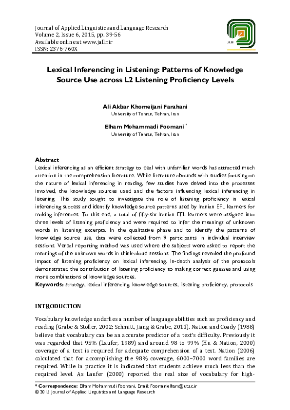 (PDF) Lexical Inferencing in Listening: Patterns of Knowledge Source Use across L2 Listening ...
