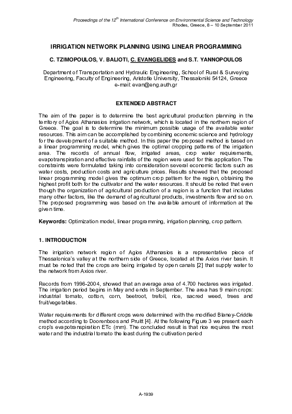 (PDF) IRRIGATION NETWORK PLANNING USING LINEAR PROGRAMMING (PDF) IRRIGATION NETWORK PLANNING USING LINEAR PROGRAMMING