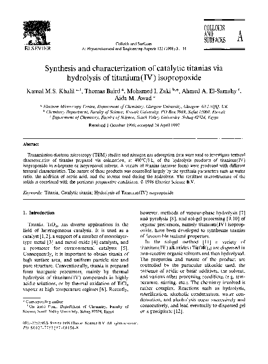 (PDF) Titania powder synthesis by hydrolysis of titanium isopropoxide