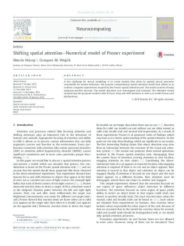 (PDF) Shifting spatial attention—Numerical model of Posner experiment