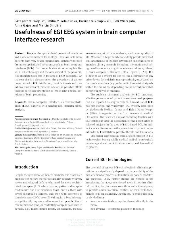 (PDF) Usefulness of EGI EEG system in brain computer interface research