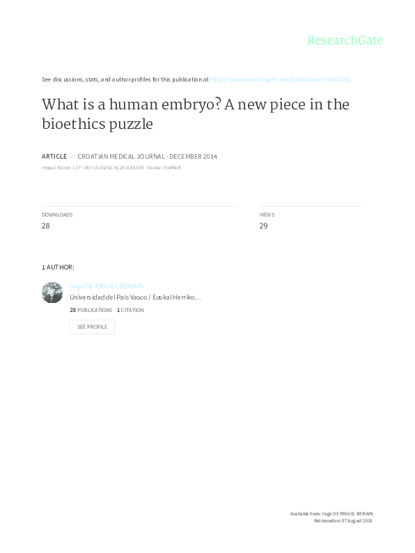 (PDF) What is a human embryo? A new piece in the bioethics puzzle