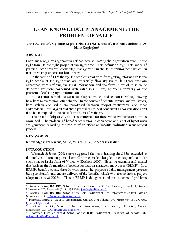 (PDF) Lean Knowledge Management: The Problem of Value
