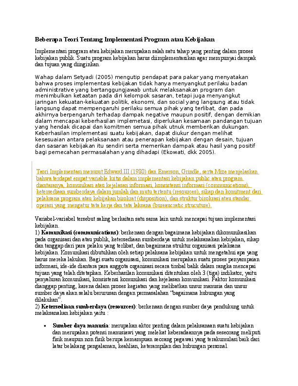 (DOC) Beberapa Teori Tentang Implementasi Program atau Kebijakan