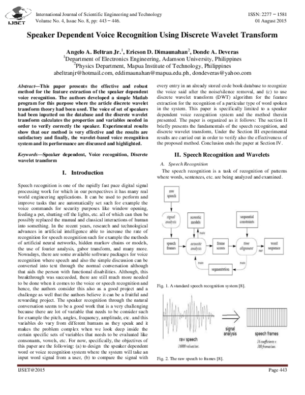 (PDF) Speaker Dependent Voice Recognition Using Discrete Wavelet Transform