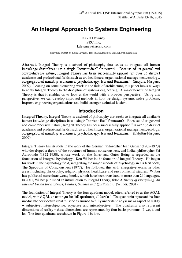 (PDF) An Integral Approach to Systems Engineering