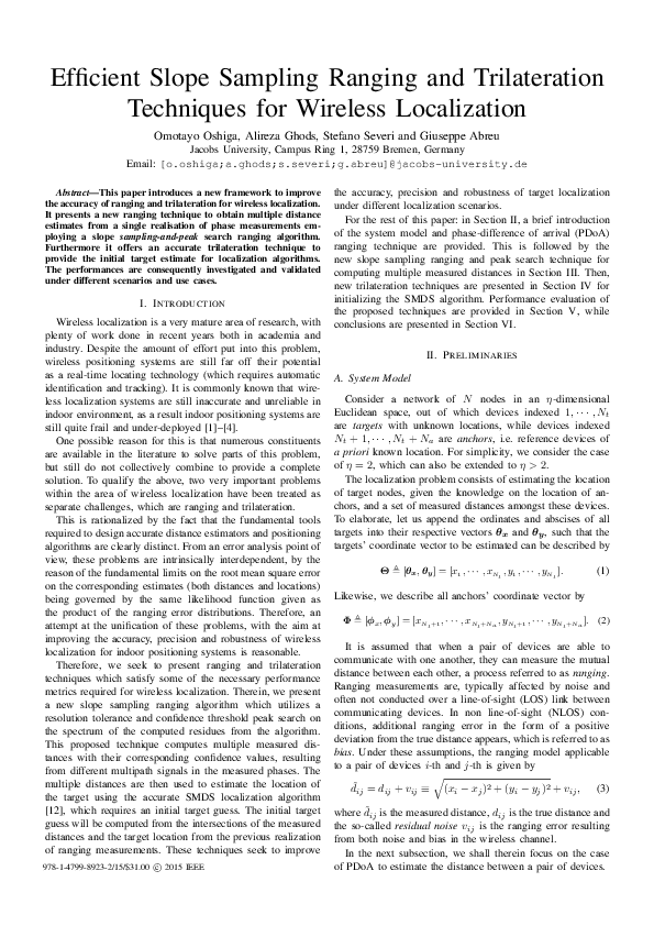 Pdf Efficient Slope Sampling Ranging And Trilateration Techniques For Wireless Localization