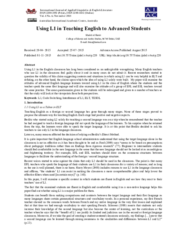 (PDF) Using L1 in Teaching English to Advanced Students