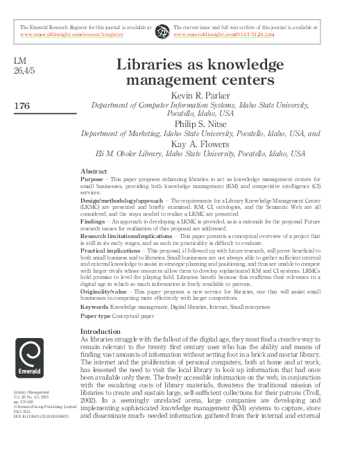 (PDF) Libraries as Knowledge Management Centers