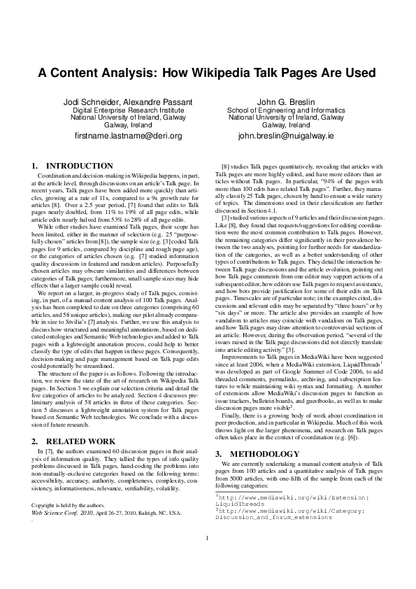 (PDF) A Content Analysis: How Wikipedia Talk Pages Are Used