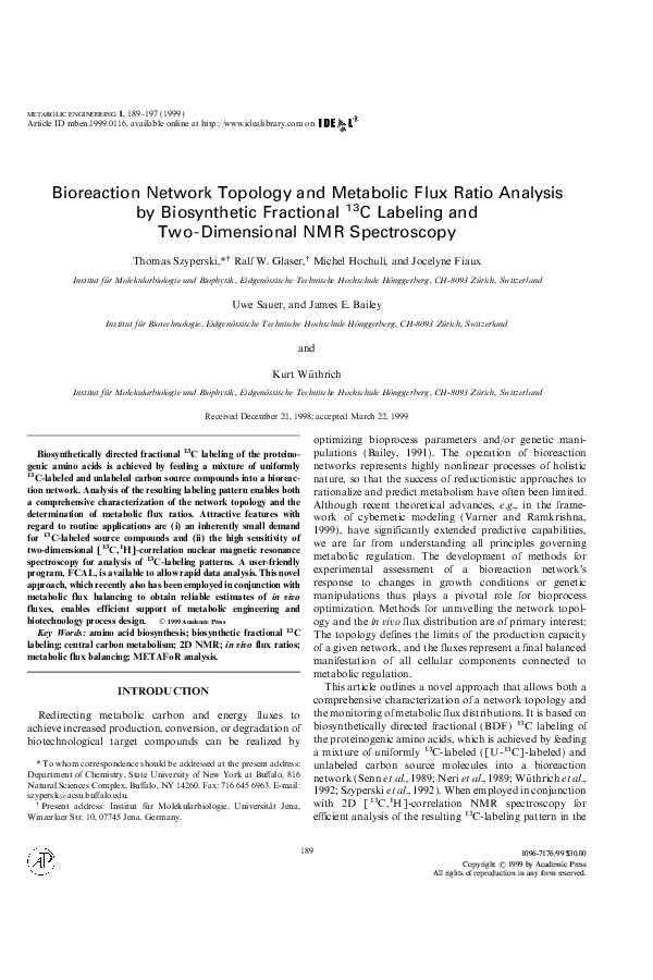 (PDF) Bioreaction Network Topology and Metabolic Flux Ratio Analysis by Biosynthetic Fractional ...