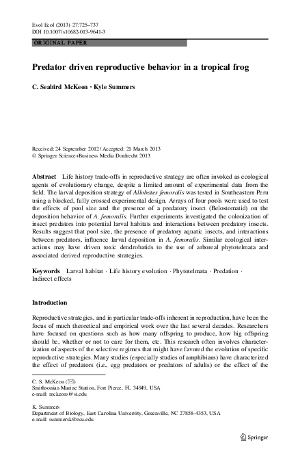 (PDF) Predator driven reproductive behavior in a tropical frog